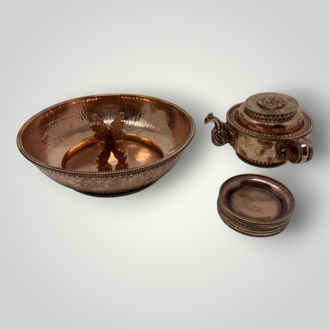 Copper Water-Offering / Jambhala Chutor Set (Hand-Hammered Engraved Co ...
